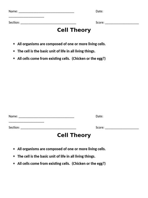 Cell Theory Worksheet Pdf
