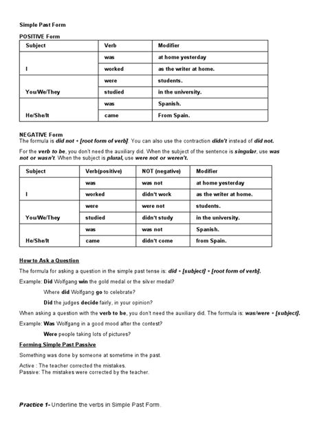 Simple Past Form Pdf Verb Subject Grammar