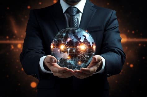 Premium Photo Businessman Holding A Globe With Icons Generative Ai