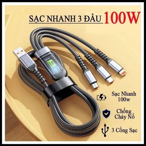 [3 Đầu] Dây Cáp Sạc Nhanh Dây Sạc Tự Ngắt 3 Đầu 100w Micro Usb Type C