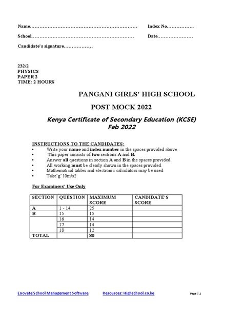Physics Questions 2 2022 Kcse Mocks Pangani Girls Pdf Refraction Atomic