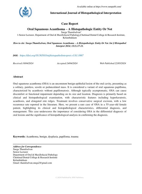 Pdf Oral Squamous Acanthoma A Histopathologic Entity Or Not Case