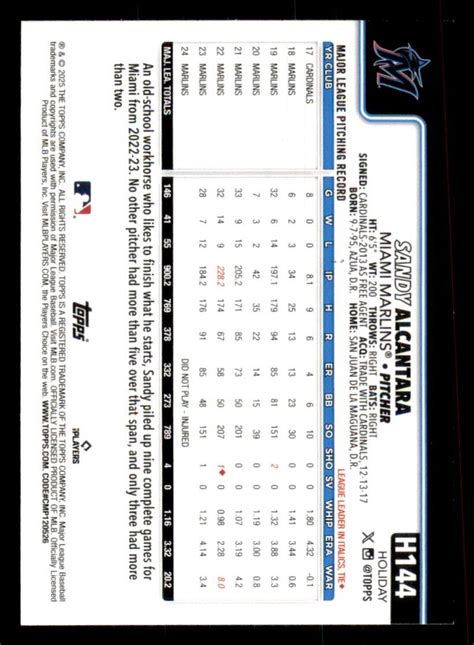 Sandy Alcantara 2025 Topps Holiday Silver Glitter Holiday H144 Miami Marlins Ebay
