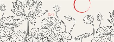 얇은 우아한 선과 빨간색 Enso Zen에 대한 연꽃의 자유형 연꽃 럭셔리 디자인 템플릿 포스터입니다 상형 문자의 비문은 연꽃을