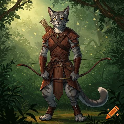 Grey Tabby Tabaxi Warrior In Leather Armor Holding A Bow And Quiver