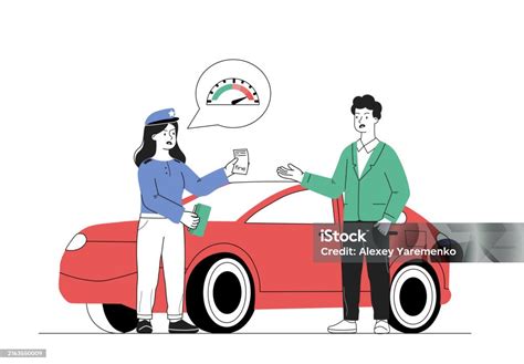 과속에 괜찮습니다 여경은 남자에게 벌금을 부과합니다 운전자는 도시에서 과속을하고있었습니다 검사관은 도로 안전을 보장합니다 운전