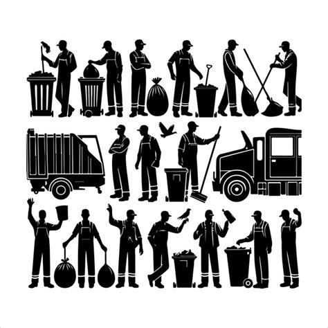 Silhouette Of Garbage Men Set Collection With Waste Sorting Symbols