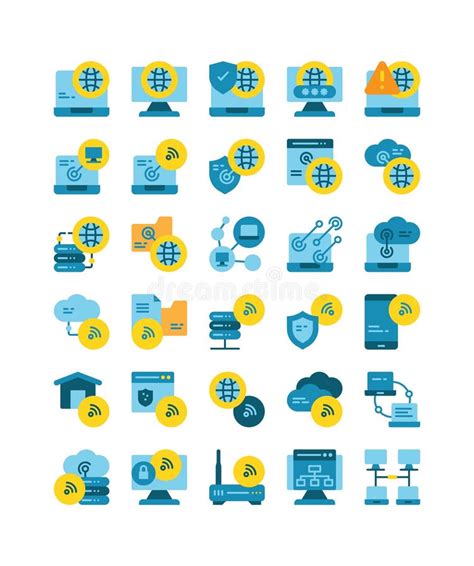 Network Connection Cyber Technology Flat Icon Set Stock Vector
