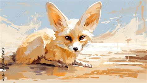 Fennec Fox Listening Intently Flat Design Side View Sandy Theme Water