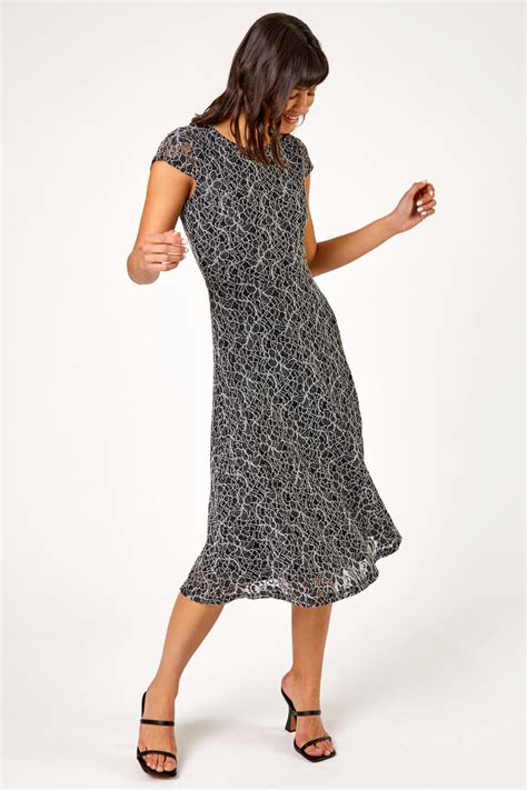 Glitter Stretch Lace Midi Dress In Black Roman Originals Uk