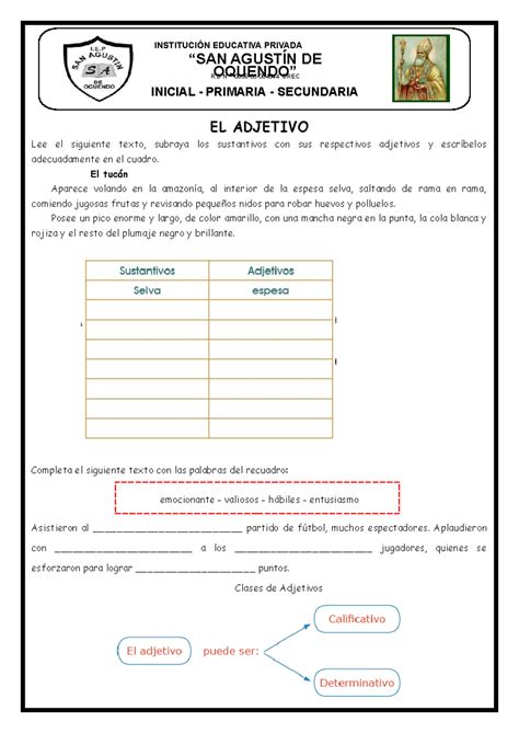 Clases DE Adjetivo 3 4 Primaria 4 Un d 1 INSTITUCIÓN EDUCATIVA