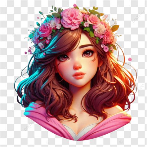 머리 투명한 배경에 화환을 들고 있는 귀여운 만화 소녀의 3d 그림 머리에 화환을 쓴 귀여운 만화 소녀의 3d 그림 투명한 배경에 만화 Png 일러스트 및 이미지 에