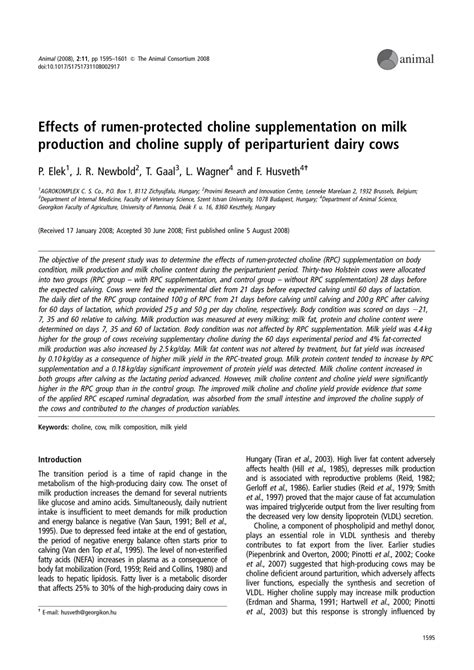 Pdf Effect Of Rumen Protected Choline Supplementation On Milk Production And Choline Supply