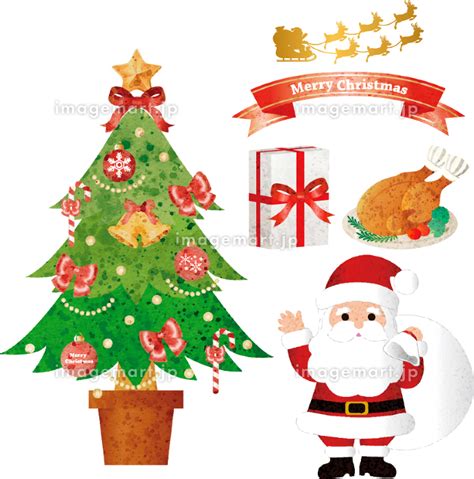 クリスマスの飾り クリスマスツリー サンタクロース プレゼント かわいい 水彩 イラスト素材セット 201383726 イメージマート