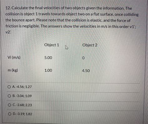 solved 12 calculate the final velocities of two objects