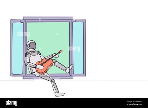 Single Continuous Line Drawing Young Astronaut Sitting On Windowsill