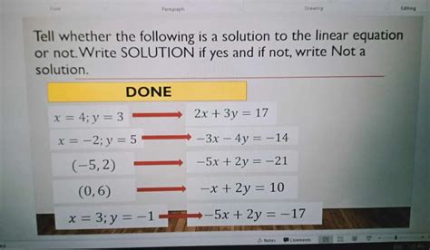 tell whether the following is a solution to the linear equation or not