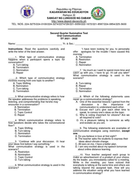 Oral Comm 2nd Quarter Summative Test Pdf Career And Growth Art