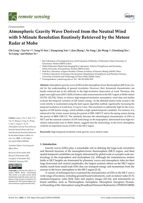 Pdf Atmospheric Gravity Wave Derived From The Neutral Wind With 5 Minute Resolution Routinely