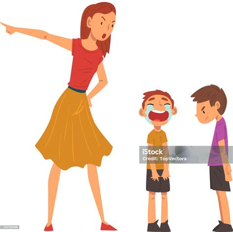 Mère En Colère Grondant Ses Fils Coquins Relations Entre Les Enfants Et