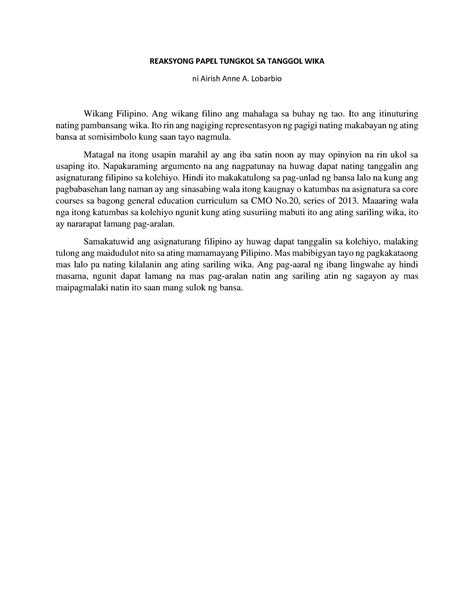 Reaksyong Papel Reaction Paper For Komfil Reaksyong Papel Tungkol