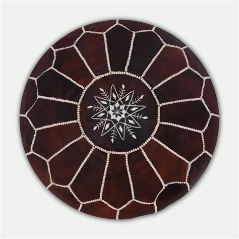 Round Moroccan Leather Pouf Dark Brown