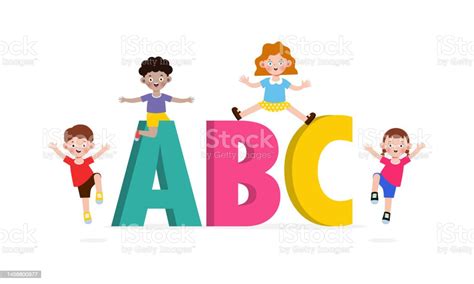Abc 문자를 가진 만화 어린이 Abc를 가진 학교 아이들 흰색 배경에 격리된 Abc 문자를 가진 아이 벡터 일러스트레이션