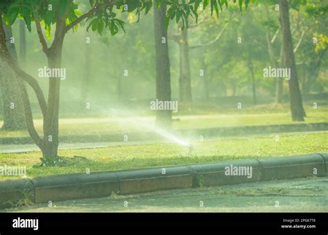 Automatic Lawn Sprinkler Watering Green Grass On Sunny Summer Days