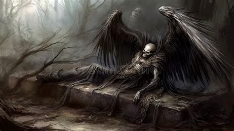 Fallen Angel Skeleton With Black Wings Stock Illustration