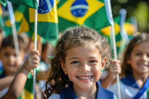 Happy Young Girl Holding A Brazilian Flag Premium Ai Generated Image