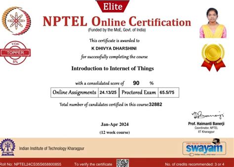 Dhivya Dharshinik On Linkedin Iot Smarttechnologies Nptel Topscorer 90percent Elite