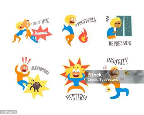 다양한 것들을 두려워하는 만화 남자와 여자와 다른 두려움과 공포증 벡터 세트 감정에 대한 스톡 벡터 아트 및 기타 이미지 감정 개체 그룹 거미 공포증 Istock