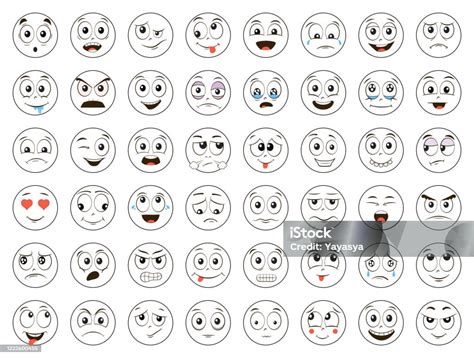 이모티콘 세트입니다 Emoji 만화 얼굴 세트입니다 화가 웃음 미소 울고 무서워및 기타 표현 미소 아이콘입니다 흰색 배경의 격리
