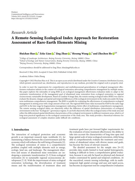 Pdf A Remote Sensing Ecological Index Approach For Restoration Assessment Of Rare Earth