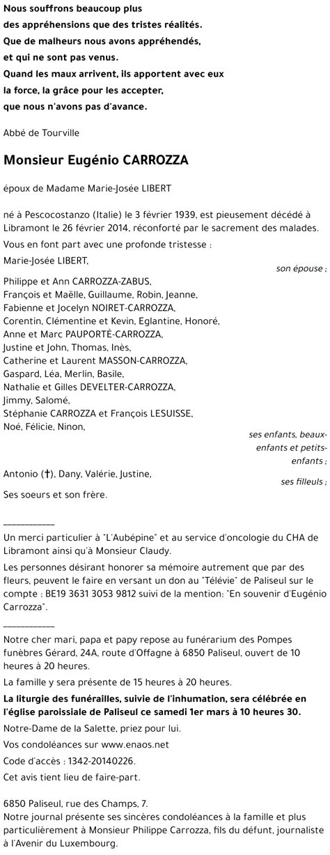 Avis De Décès De Eugénio Carrozza Décédé Le 26 02 2014 à Libramont Chevigny Annonce
