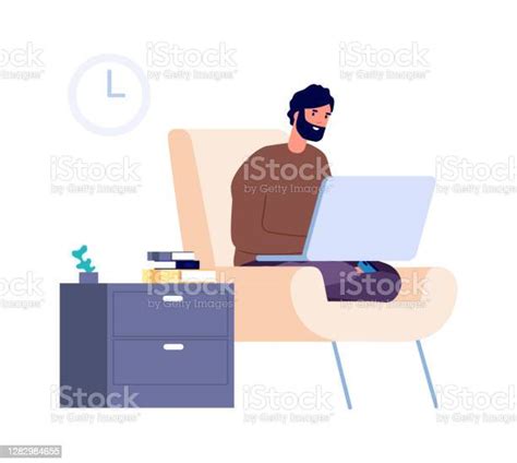 프리랜서 노동자 거리 작업 남자는 집에 있어 격리 또는 격리 기간 플랫 남자 채팅 온라인 쇼핑 또는 서핑 인터넷 벡터 일러스트