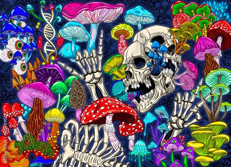 Abstract Colorful Background With Bright Magical Psychedelic Mushrooms