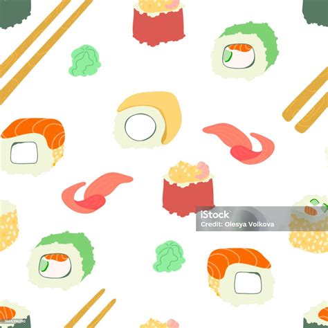 Sushi Rolls Pattern Seamless Traditional Japanese Food Background