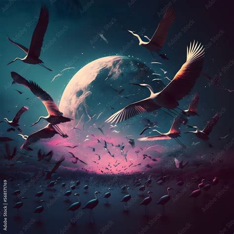 Ilustrace Minimalism Migrating Flock Of Cranes Into Magical Space Background V Ar Q Hyper