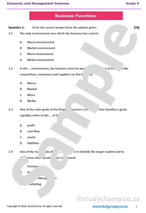 Grade 9 Ems Test Business Functions