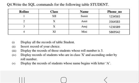 Q4write The Sql Commands For The Following Table Student Begin Tabular