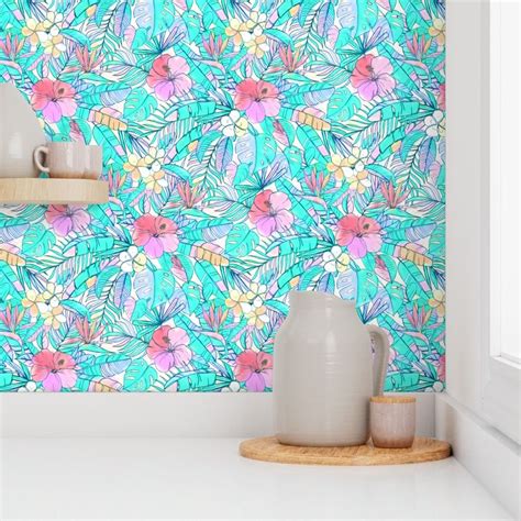 Pretty Pastel Hawaiian Hibiscus Print Wallpaper Spoonflower