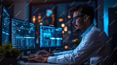 premium photo a man working on a computer with a graph showing the