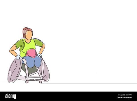 Single One Line Drawing Disabled Sportswoman Play Rugby On Wheelchair