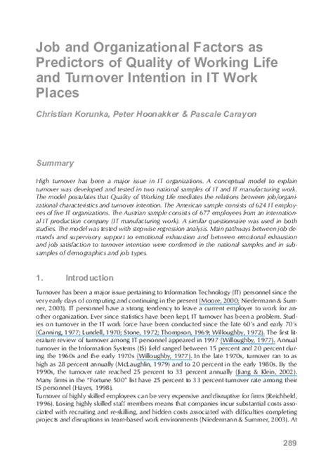 Job And Organizational Factors As Predictors Of Quality Of Working Life