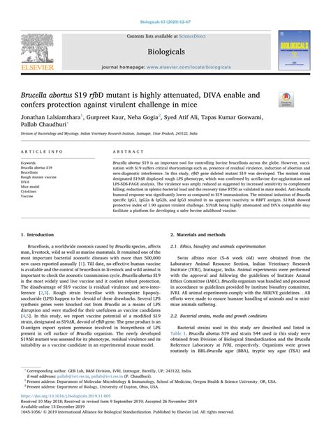 Pdf Brucella Abortus S19 Rfbd Mutant Is Highly Attenuated Diva Enable And Confers Protection