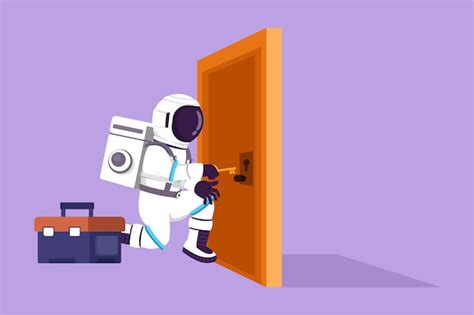 그래픽 평면 디자인 그리기 우주 비행사 달 표면에 드라이버로 문 손잡이를 훔쳐보는 우주인 수리 도구 상자와 깨진 핸들 문 손잡이