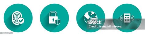 지문 잠금 장치가 있는 방패 보안 세계 지구본 및 긴 그림자가 있는 보안 키패드 액세스 패널 아이콘을 설정합니다 벡터 개념에 대한 스톡 벡터 아트 및 기타 이미지 Istock