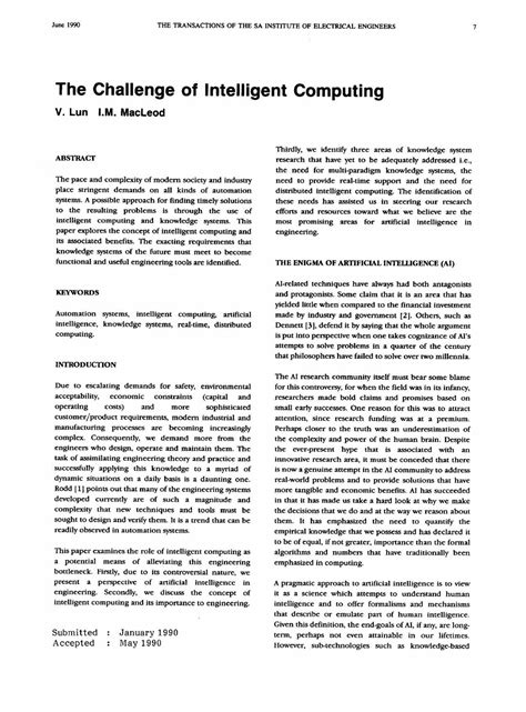 The Challenge Of Intelligent Computing June 1990 The Transactionsofthe Sa