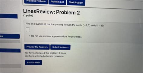 Solved Linesreview Problem 2 1 Point Find An Equation Of
